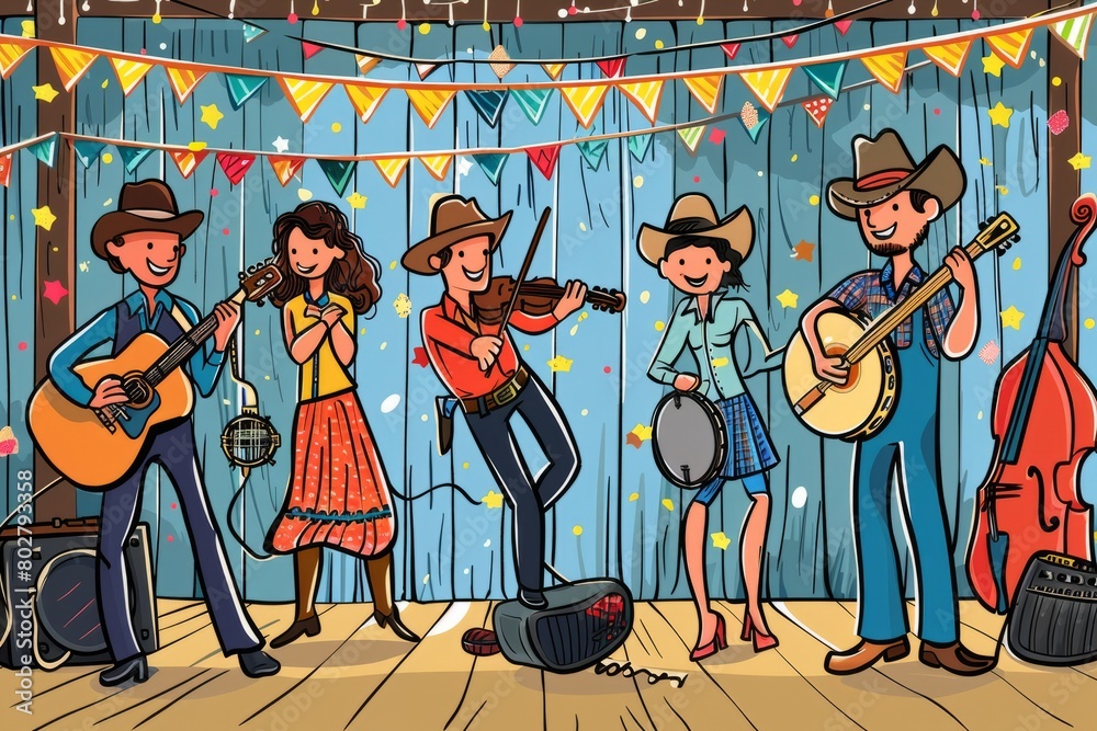 Cartoon cute doodles of a country band performing at a barn dance, with ...