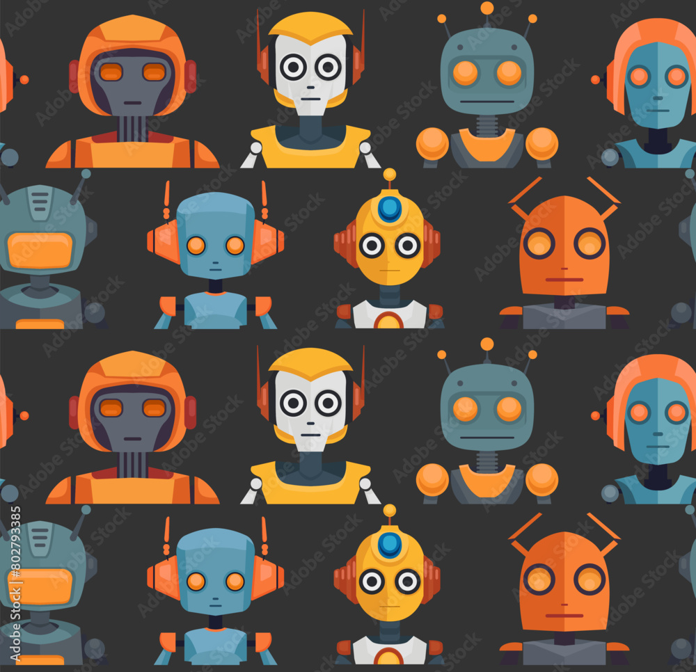 Child cheerful pattern with bright cartoon robots on gray background ...