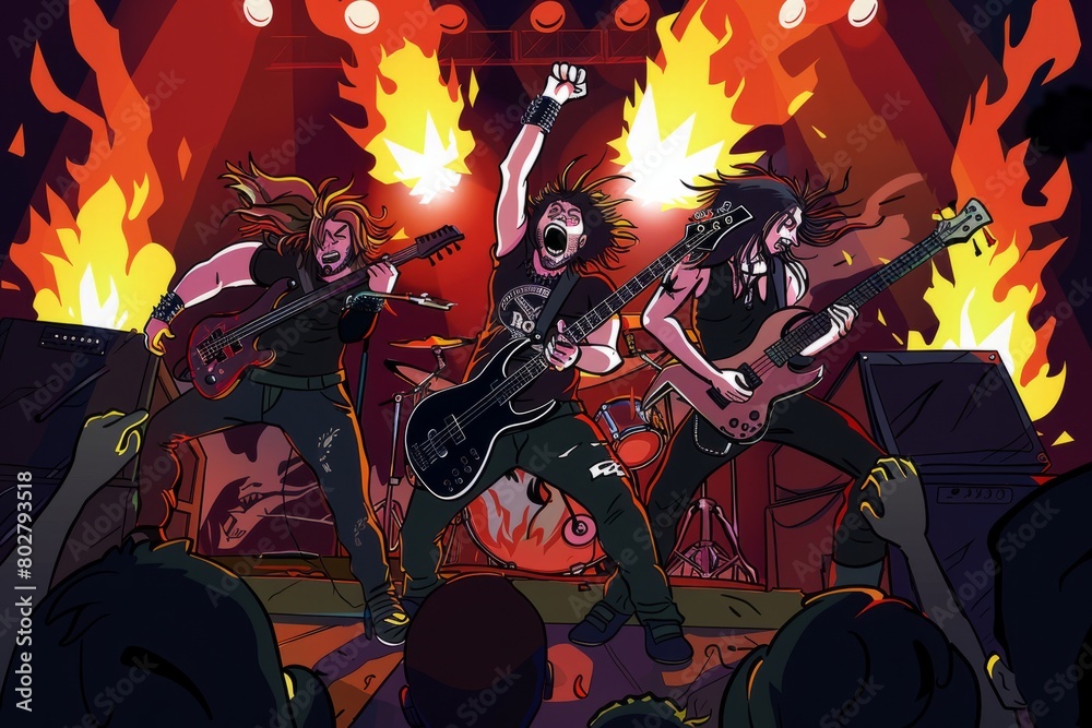 Cartoon cute doodles of a heavy metal band thrashing on stage, with ...