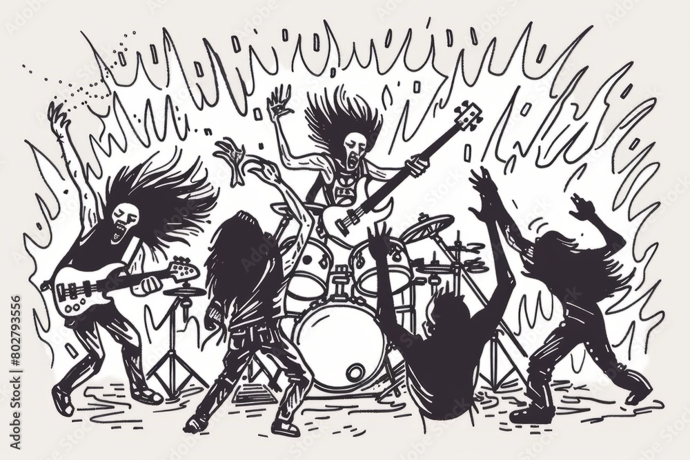 Cartoon cute doodles of a heavy metal band thrashing on stage, with ...