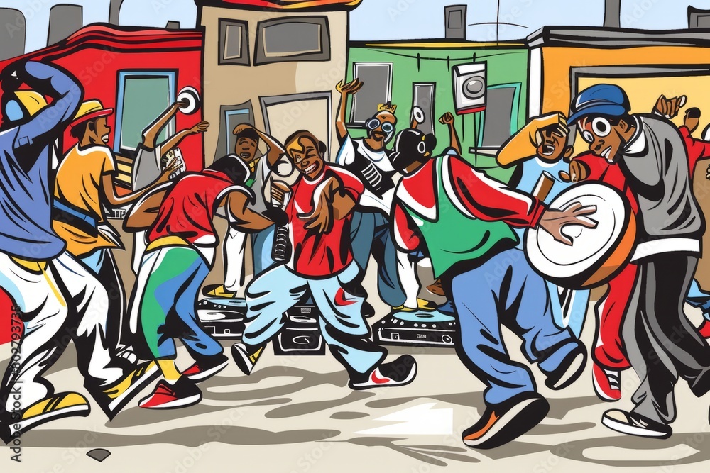 Cartoon cute doodles of a hip-hop crew freestyling on a street corner ...