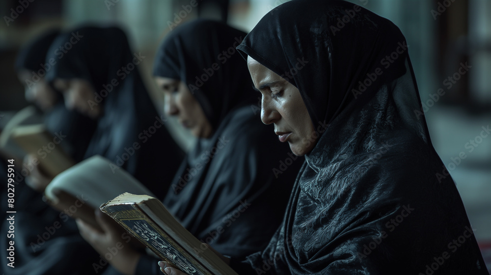 mature Muslim woman wearing a black hijab is sitting and reading an ...