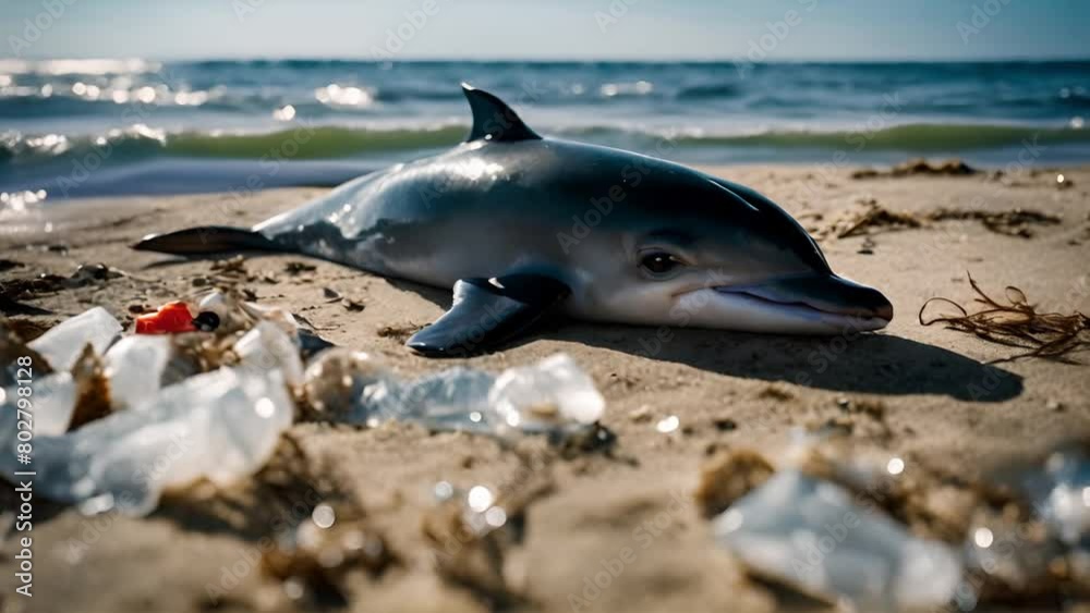 Plastic pollution marine life dying dolphin on seashore video loop ...
