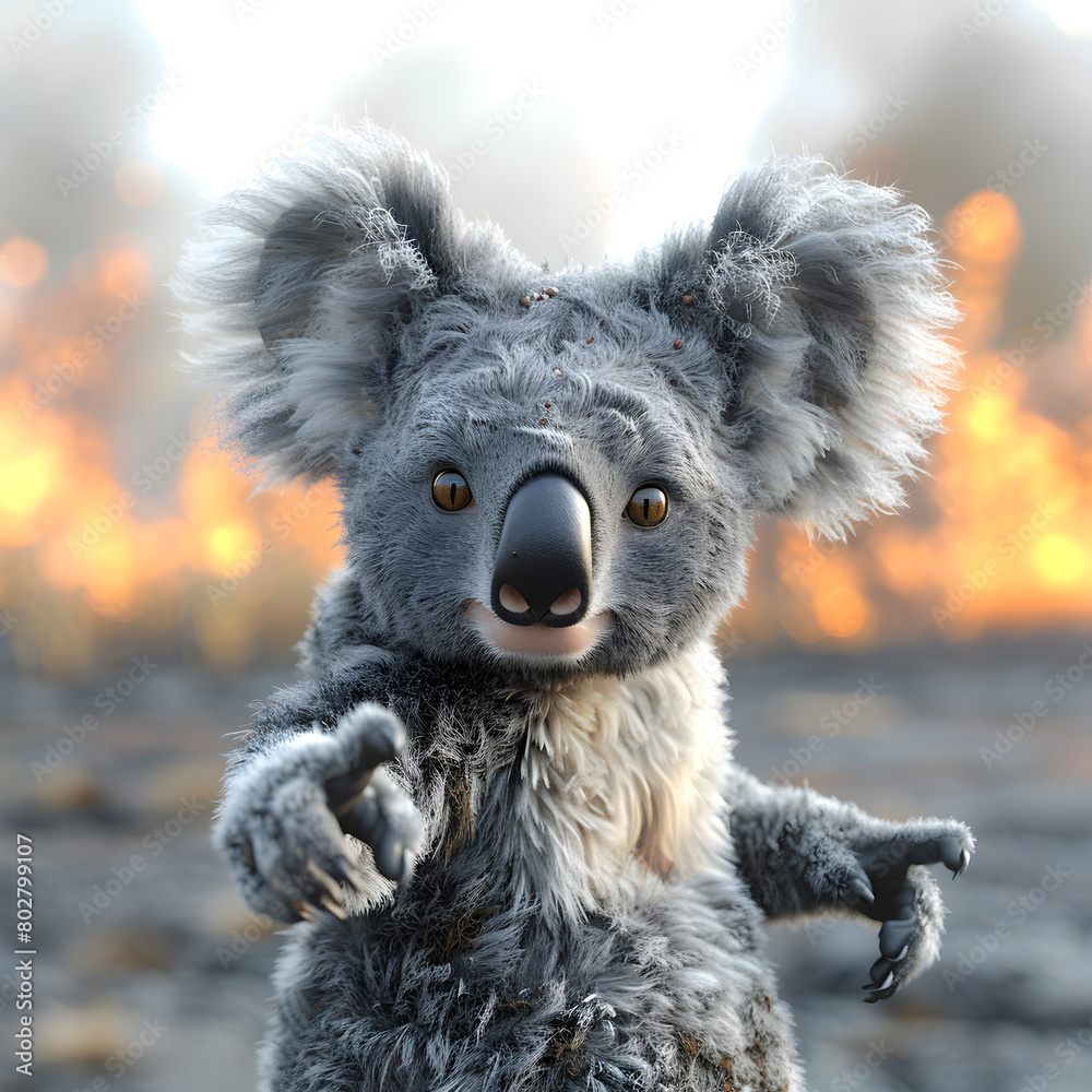 A 3D animated cartoon render of a koala pointing towards a bushfire ...