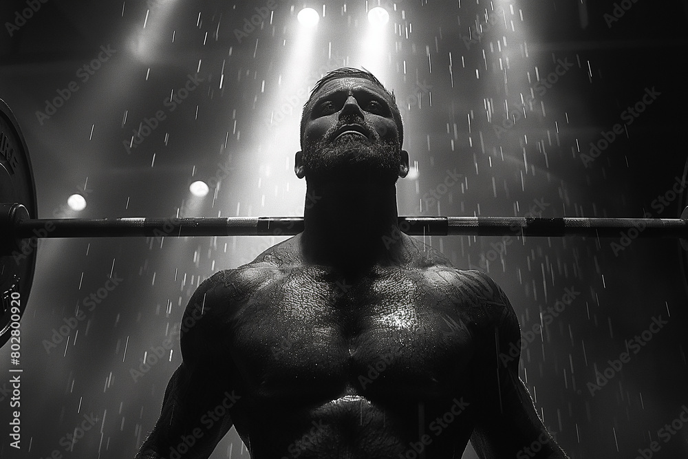 Weightlifter hoisting a barbell overhead, muscles bulging with effort ...