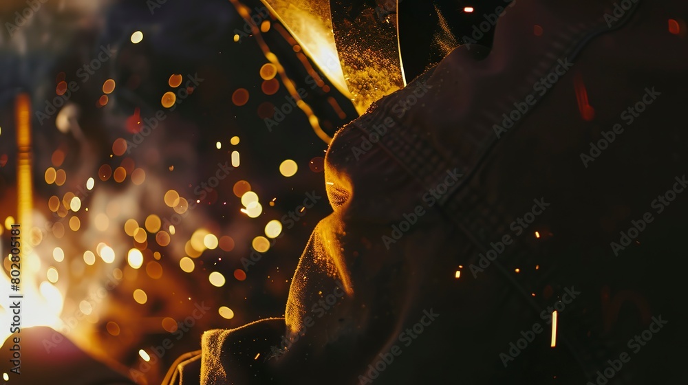 Construction worker welding with sparks, intense focus, dusk light ...