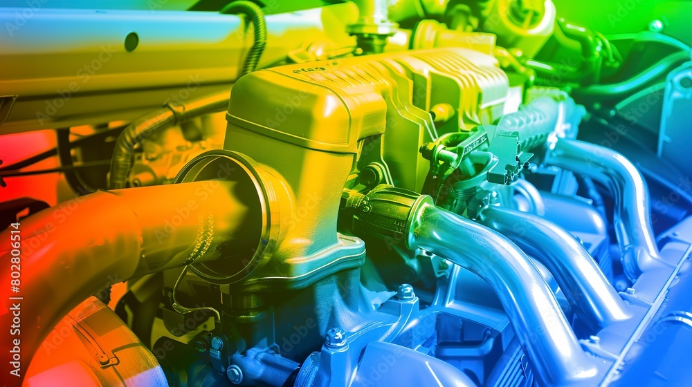 Thermal imaging of a running engine, vivid heat map, close-up, detailed ...