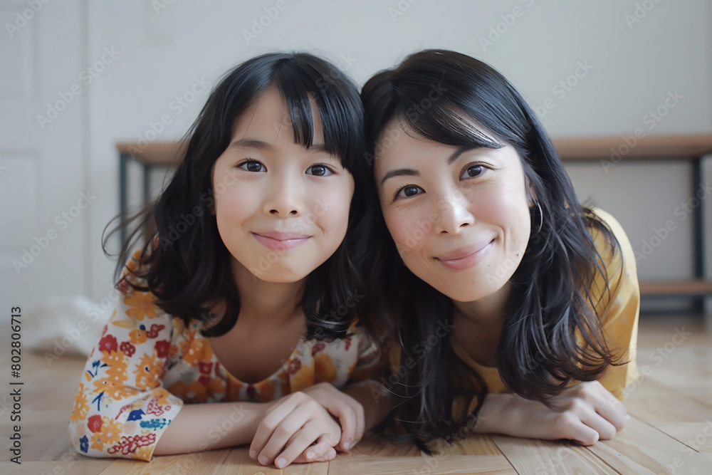 Beautiful Japanese mother and daughter posing for a photo, smiling at the camera while lying on ...