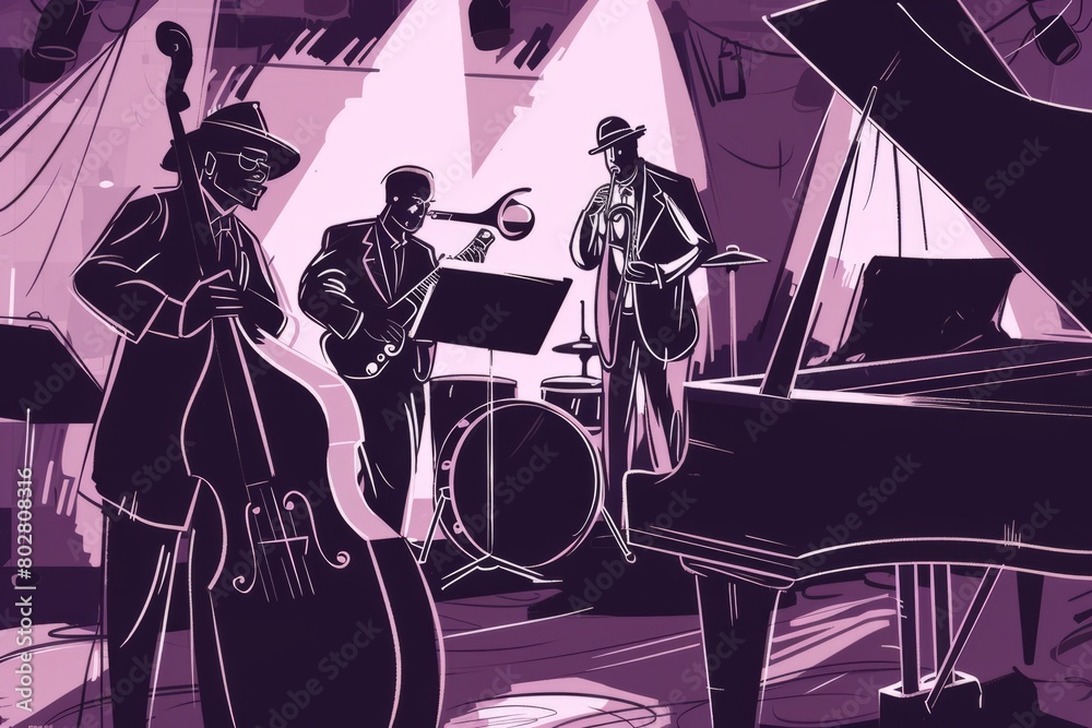 Cartoon cute doodles of a Motown soul band performing in a smoky ...