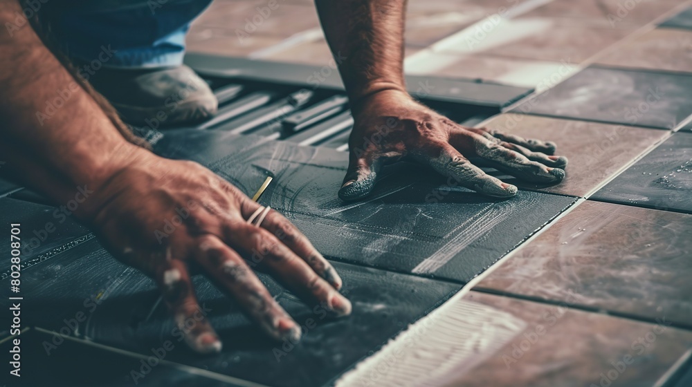 Detailed view of laying ceramic floor tiles, precise alignment, clear ...
