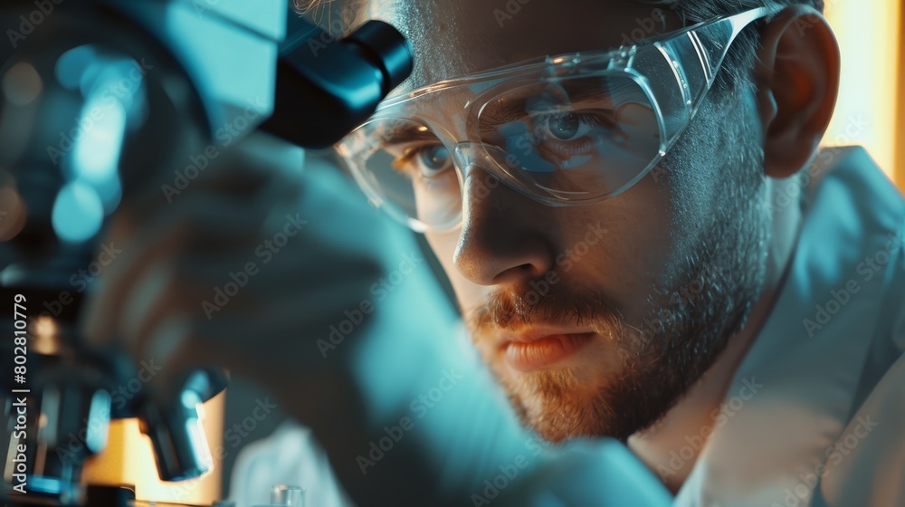 Artistic close-up of a scientist examining biopharmaceutical compounds ...