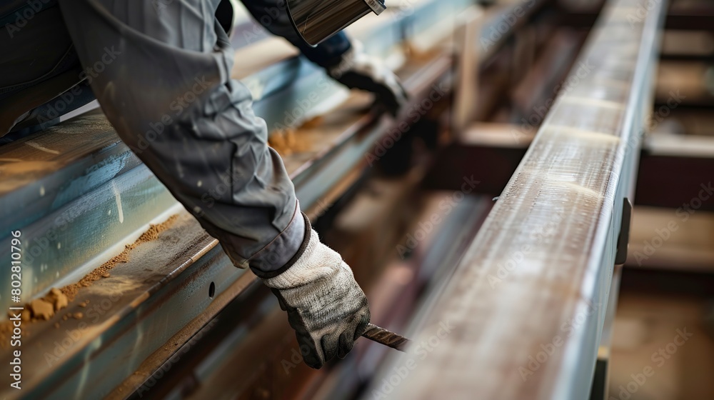 Close-up of structural engineer inspecting steel beam connections ...