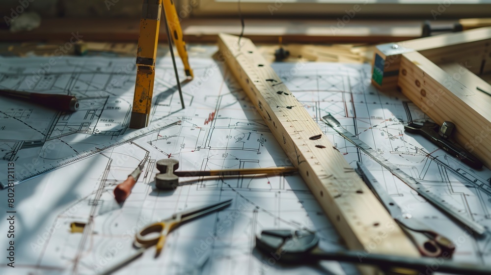 Architectural blueprints on a site table, close-up, detailed plans with ...