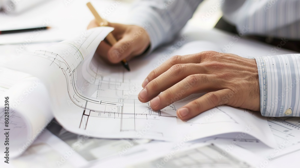 Architect reviewing detailed construction drawings, close-up, focused ...