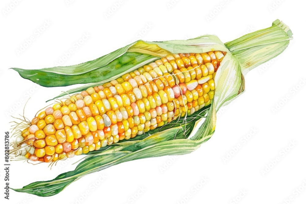 A realistic painting of a single ear of corn on a plain white ...
