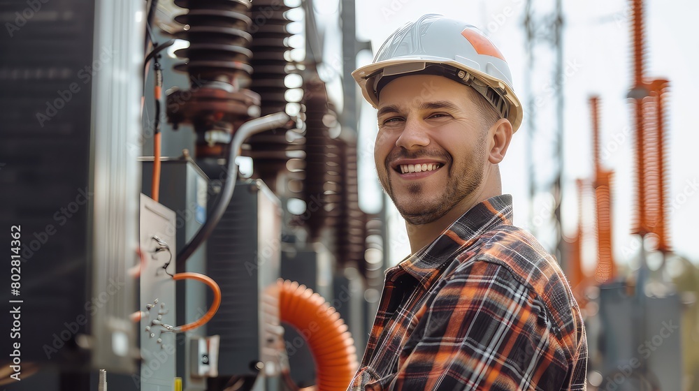 Electrical excellence: A male electrician smiles with satisfaction as ...