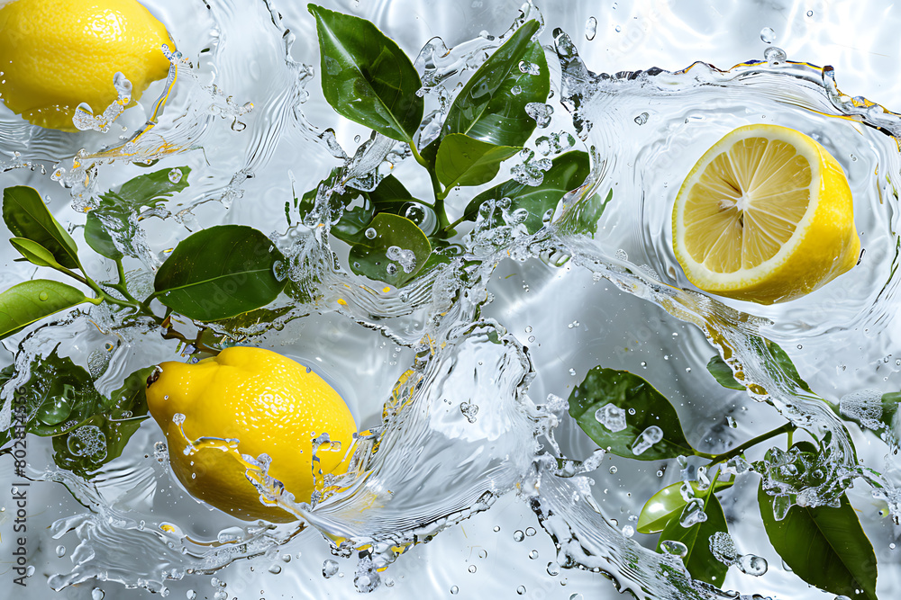 Lemon water splash isolated Lemon fruit slice, leaves and water splash ...