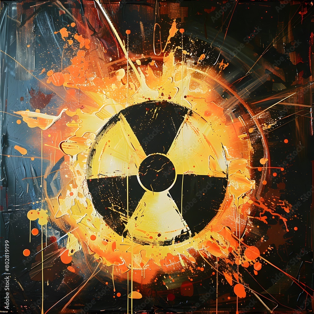 Yellow triangle with a black trefoil radiation symbol in the center ...