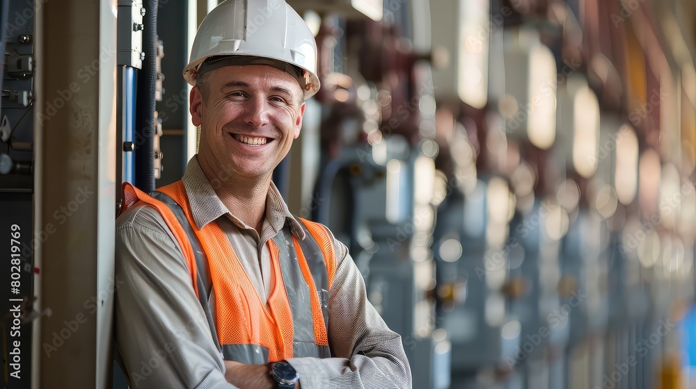 System reliability: A male electrician smiles with pride as he performs ...