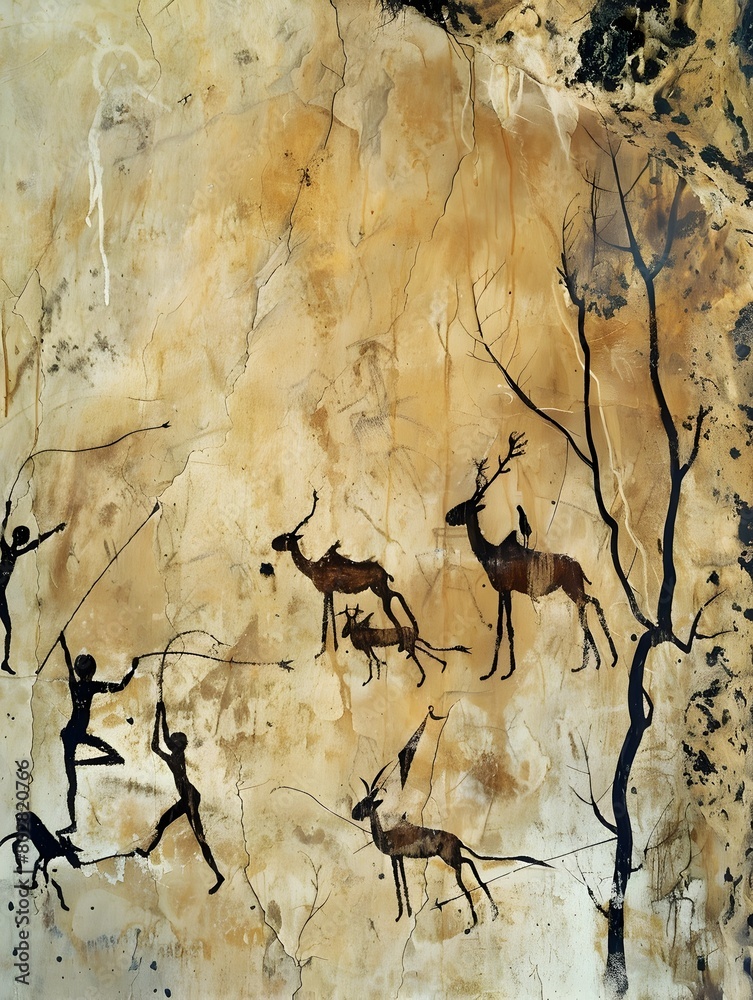 Cave Painting of Prehistoric Hunting Scene in Natural Environment Stock ...