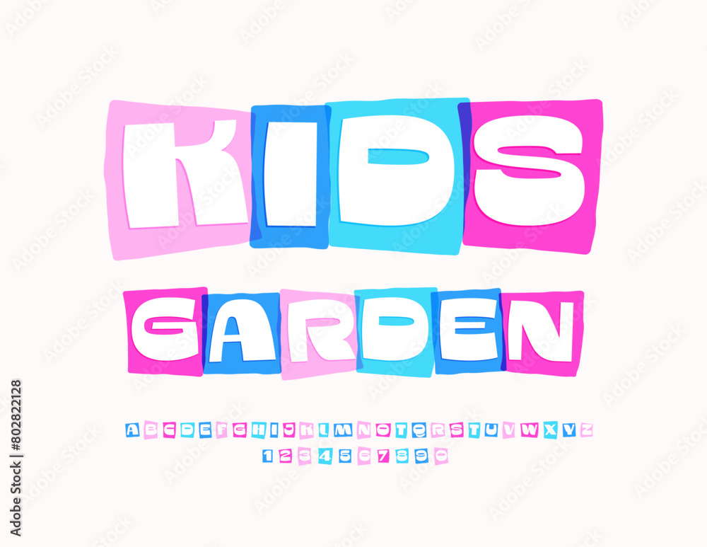 Vector colorful Emblem Kids Garden. Creative Font for Children. Bright Alphabet Letters, Numbers ...