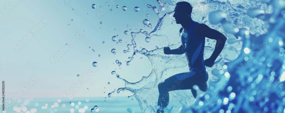 Dynamic runner splashing through water in a concept of motion and ...