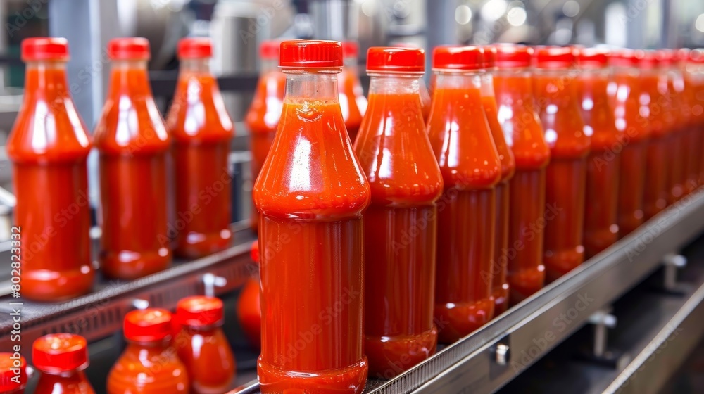 Highly efficient ketchup bottling line in a typical factory setting for ...