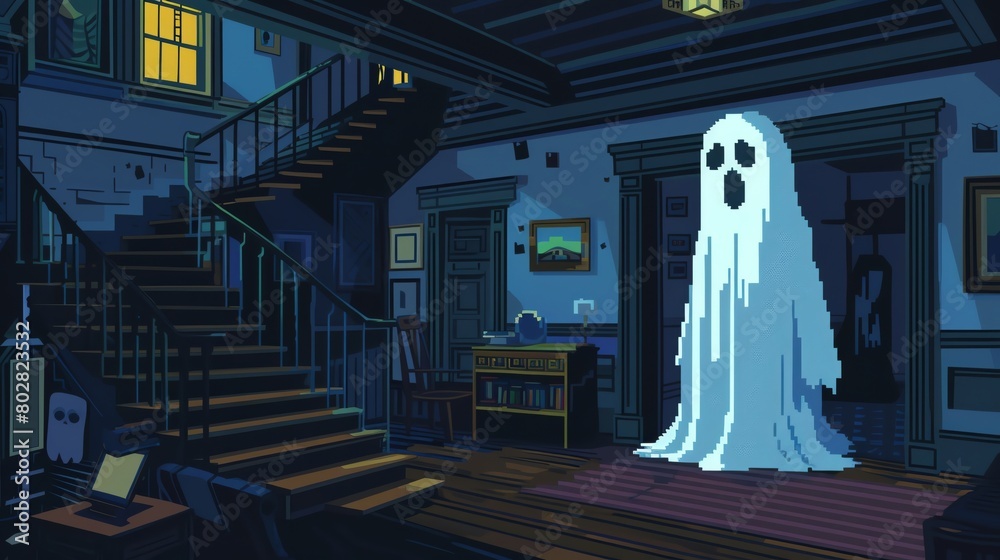 Capture the essence of fear with a pixel art depiction of a ghostly ...