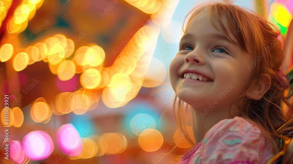 A smiling little girl gazes up at the ferris wheel with wonder, her ...