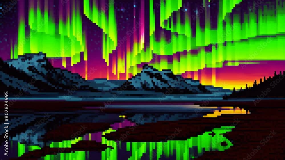 Aurora Borealis in Pixel Art, 4K Animation - starlit sky, reflected ...