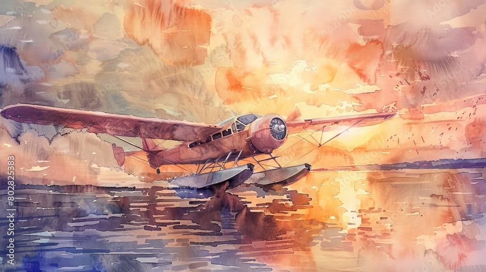 Dynamic watercolor of a retro seaplane landing on water at dusk, the ...