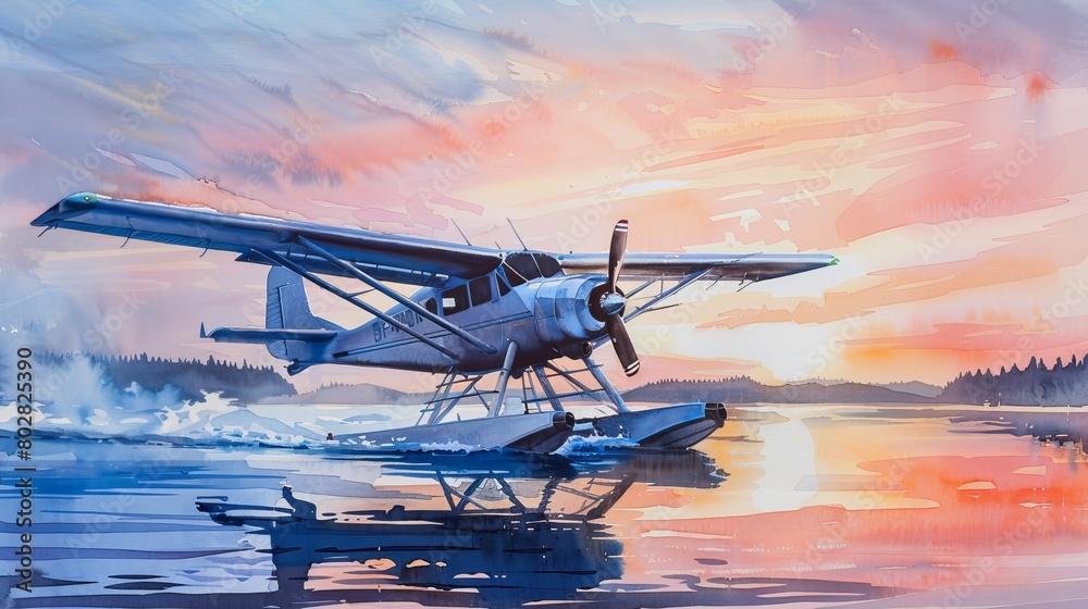 Dynamic watercolor of a retro seaplane landing on water at dusk, the ...