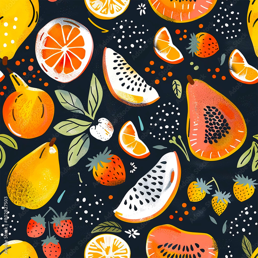 Tropical summer fruit seamless pattern. Citrus tree in hand drawn style ...
