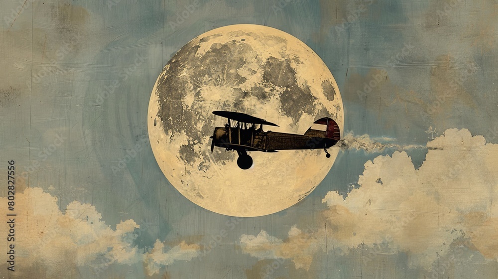 Nostalgic watercolor of a classic World War I airplane flying past a ...