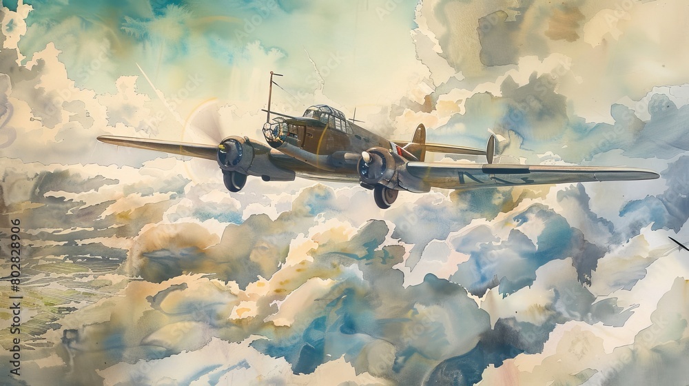 Watercolor depiction of an early reconnaissance aircraft flying high ...