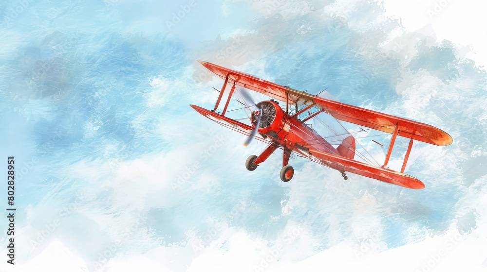 Watercolor illustration of a biplane performing acrobatics in a clear ...