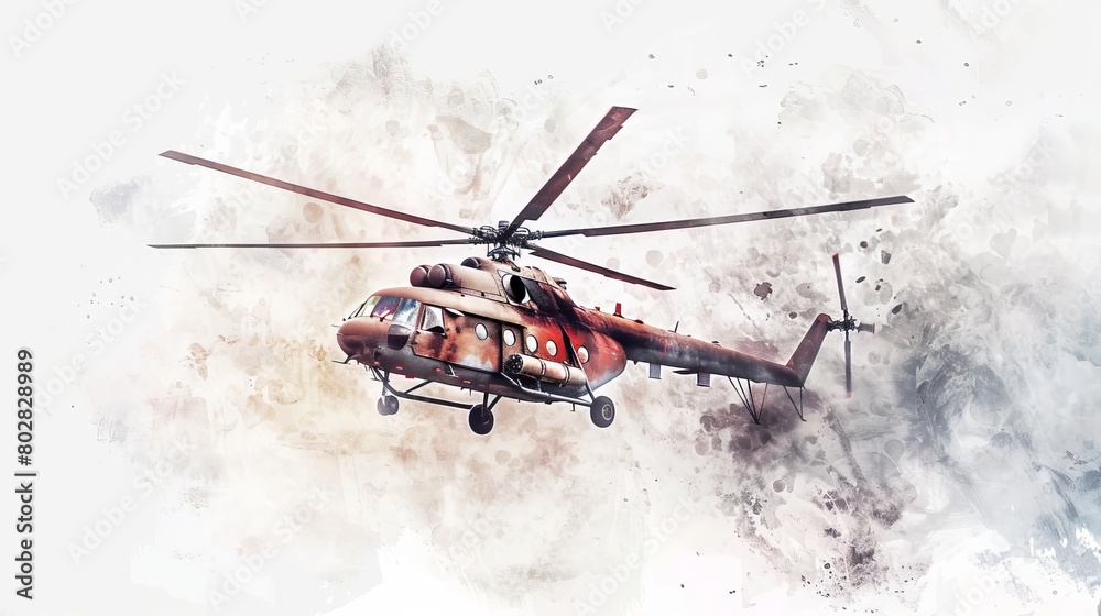 Watercolor illustration of a fighter jet silhouetted against a full ...