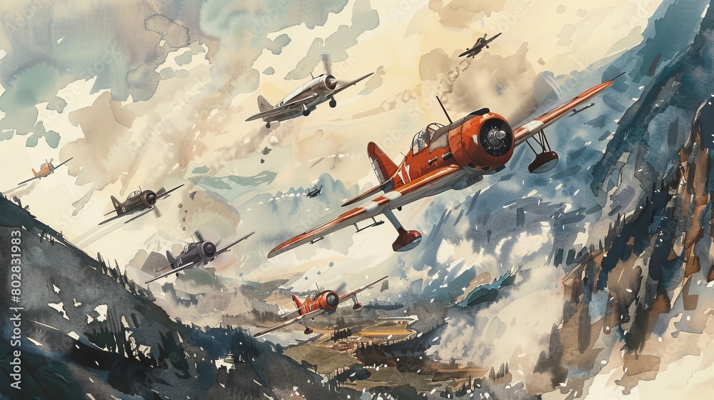 Watercolor painting of a group of animal pilots in various aircraft ...