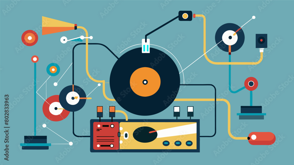 The intricate web of wires and cables that connect the record players ...