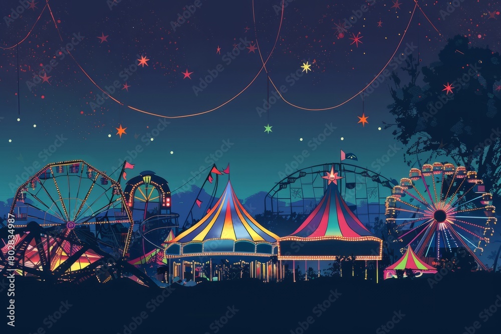 Cartoon cute doodles of a carnival silhouette at night, with colorful ...