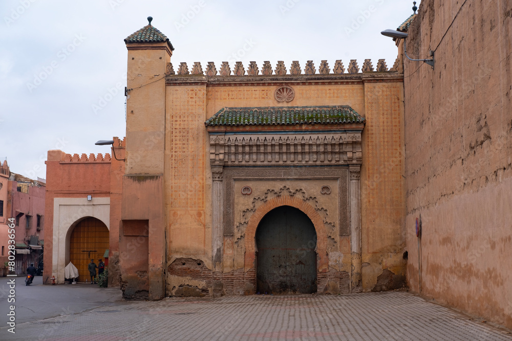 old fortress wall with gate, Authentic details traditional Moroccan ...