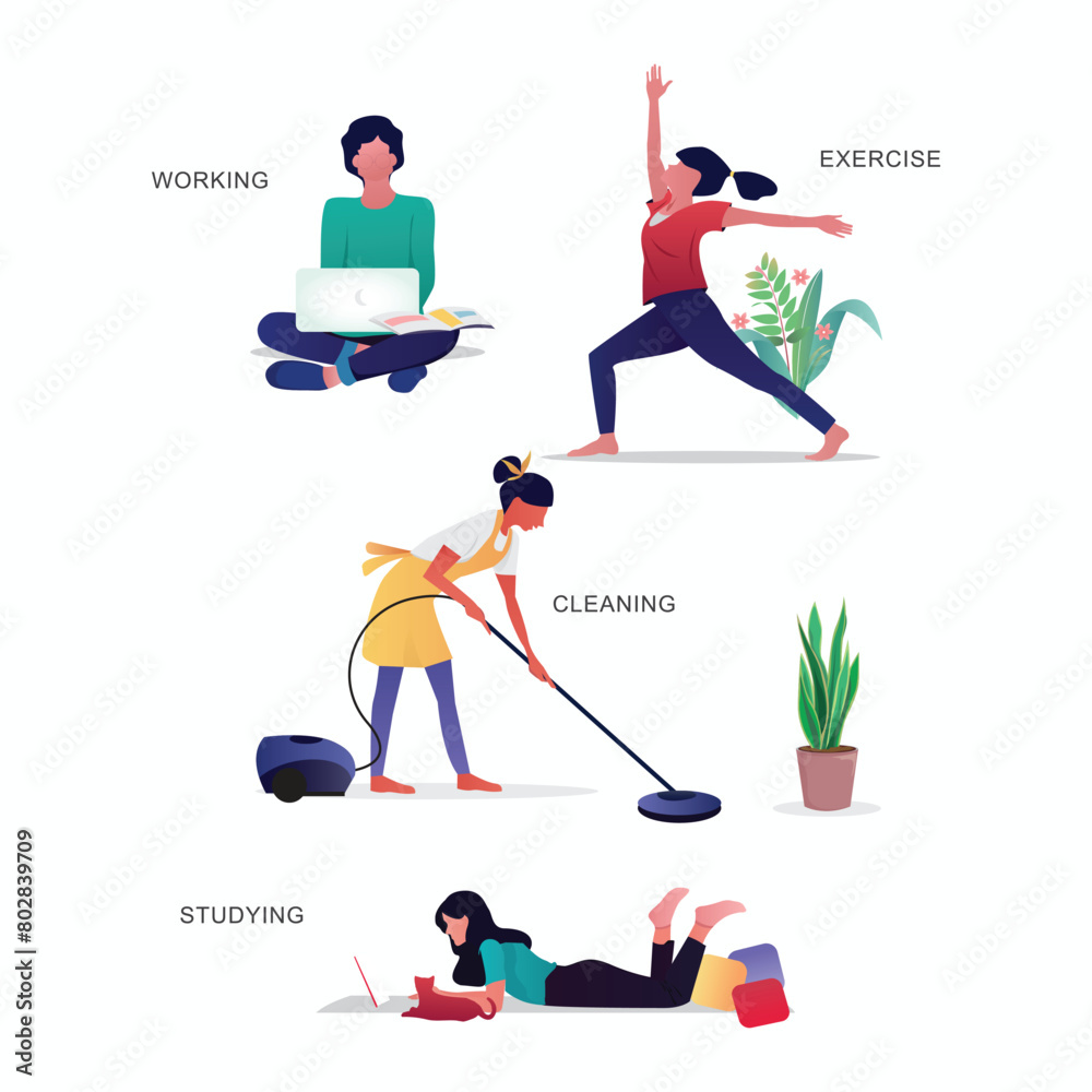 Vector Illustration of Daily activities. Working, Studying, Cleaning ...