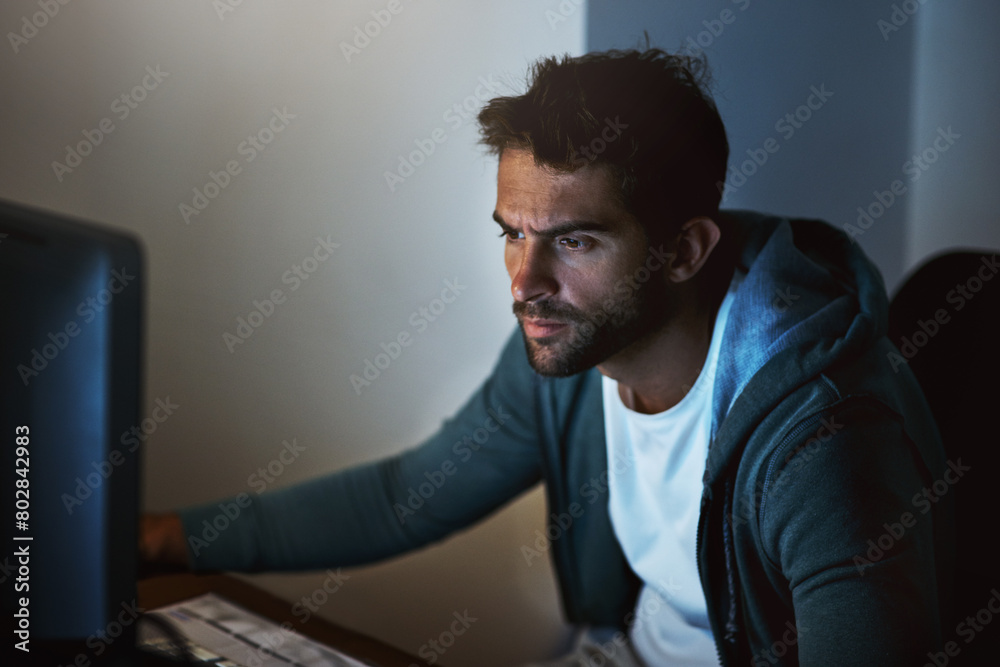 Foto de Computer, man or hacker thinking at night of cyber security ...