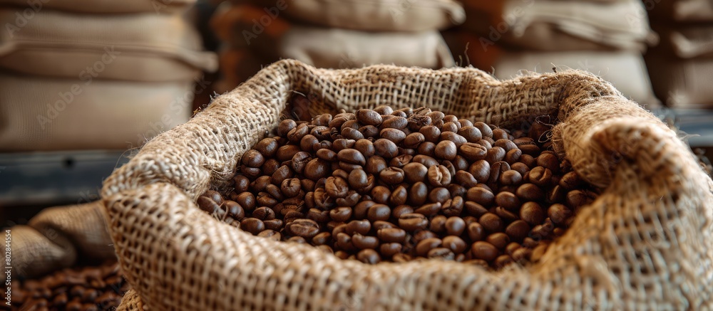 Raw coffee beans stored in a bag within a coffee processing facility ...