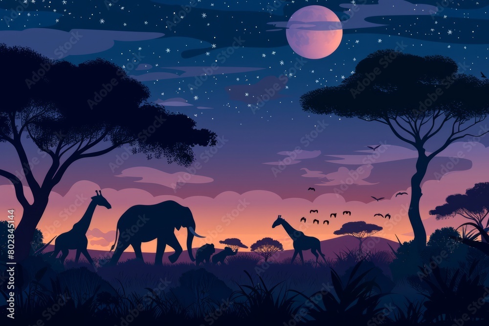 Cartoon cute doodles of a wildlife silhouette in the savanna at night ...