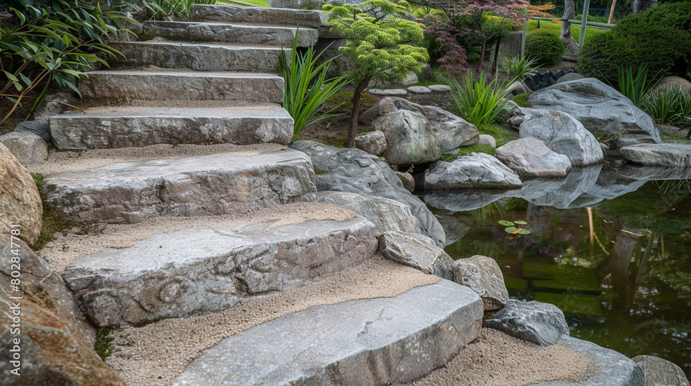 Peaceful stone steps in a Zen garden guide visitors past water and ...