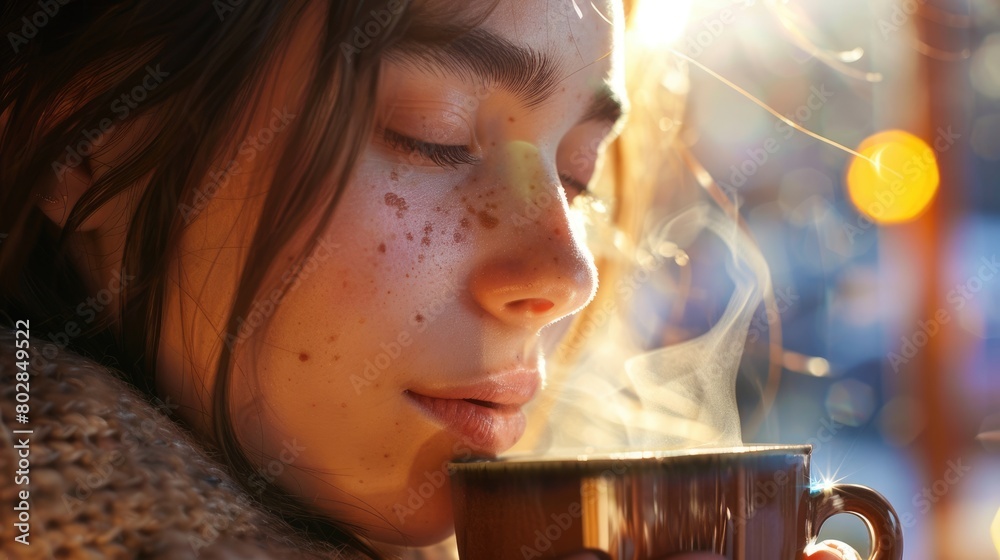 A close up of a woman smelling a cup of coffee, her nose twitching with ...