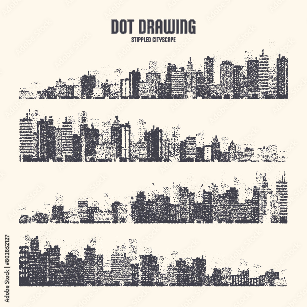 Stippled city silhouettes. Cityscape, town skyline. Midtown, downtown ...