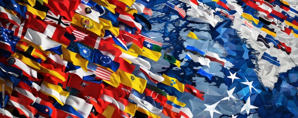 Dynamic mosaic of world flags merging into a global map, symbolizing ...