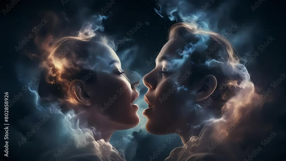 Vidéo Stock A striking double exposure image of two faces intertwined ...